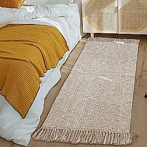 Boho Kitchen Runner Rug 2x4.3, 100% Cotton Hand-Woven Washable Rug with Tassels Modern Farmhouse Bathroom Rug for Bedroom Laundry Kitchen Hallway Entryway, Tan
