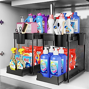 Stackable Under Sink Organizers and Storage - DILEASIR Upgraded 12in Heightened Sticks 2 Tier Under Sink Organizer with 4 Hanging Cups, 8 Dust Plugs, 8 Hooks, Multi-function Storage, Black, 2 Pack
