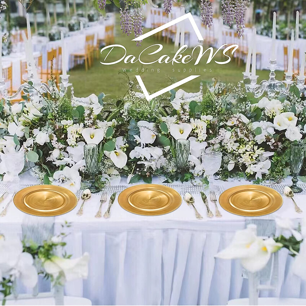 DaCakeWS Metallic Round Charger Plates 10PCS, 13inch Plastic Beaded, bulk wedding, Dinner, Party, Event, Decoration( Gold 10)