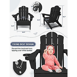 KINGYES Folding Adjustable Backrest Adirondack Chair with Cup Holder, Oversized Weather Resistance Adirondack Chair, HDPE Reclining Adirondack Chair for Adult, Black