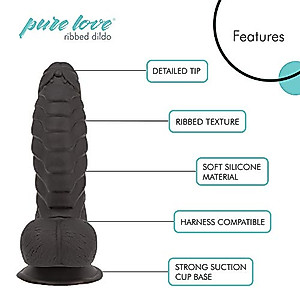 Pure Love 7 Inch Fantasy Silicone Dildo with Suction Cup, Ribbed & Studded, Black Color, Adult Sex Toy