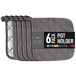 Zulay 6-Pack Pot Holders for Kitchen Heat Resistant Cotton - 7x7 Inch Hot Pot Holder Set - Quilted Terry Cloth Potholders for Kitchens - Washable Potholder for Cooking & Baking (Gray)