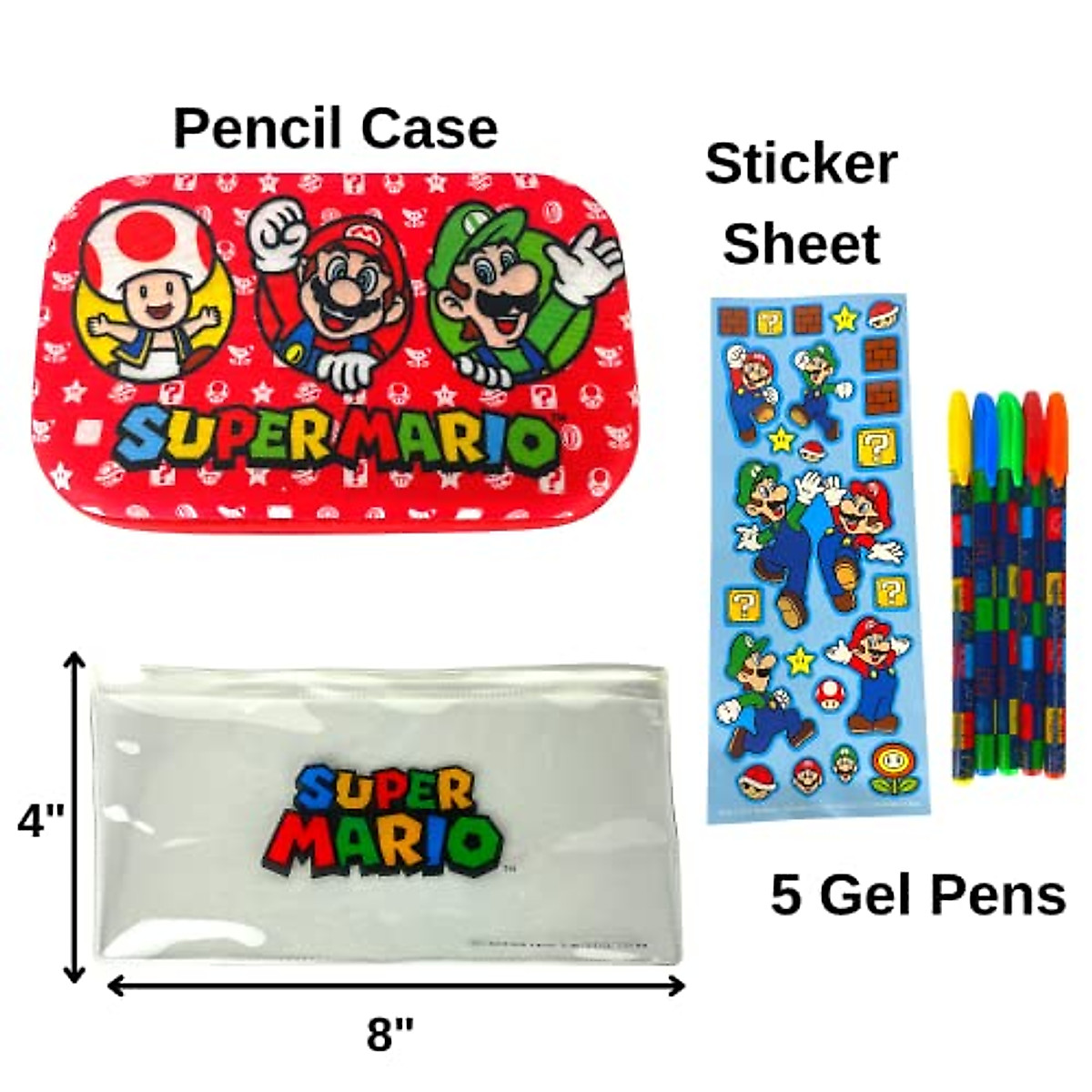 Innovative Designs Super Mario Pencil Case Set with Stickers and Gel Pens for Kids, Molded with Zip Closure, Red