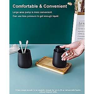 Black Soap Dispenser and Toothbrush Holder Set of 2, 12oz Ceramic Hand Soap Dispenser and Toothbrush Cup Holders for Farmhouse Bathroom Decor with Wooden Tray