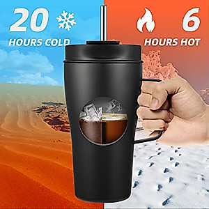 CIVAGO 24 oz Insulated Coffee Mug with Lid, Stainless Steel Coffee Travel Mug with Handle, Double Wall Vacuum Tumbler with Lid and Straw,Thermal Coffee Cup, Black