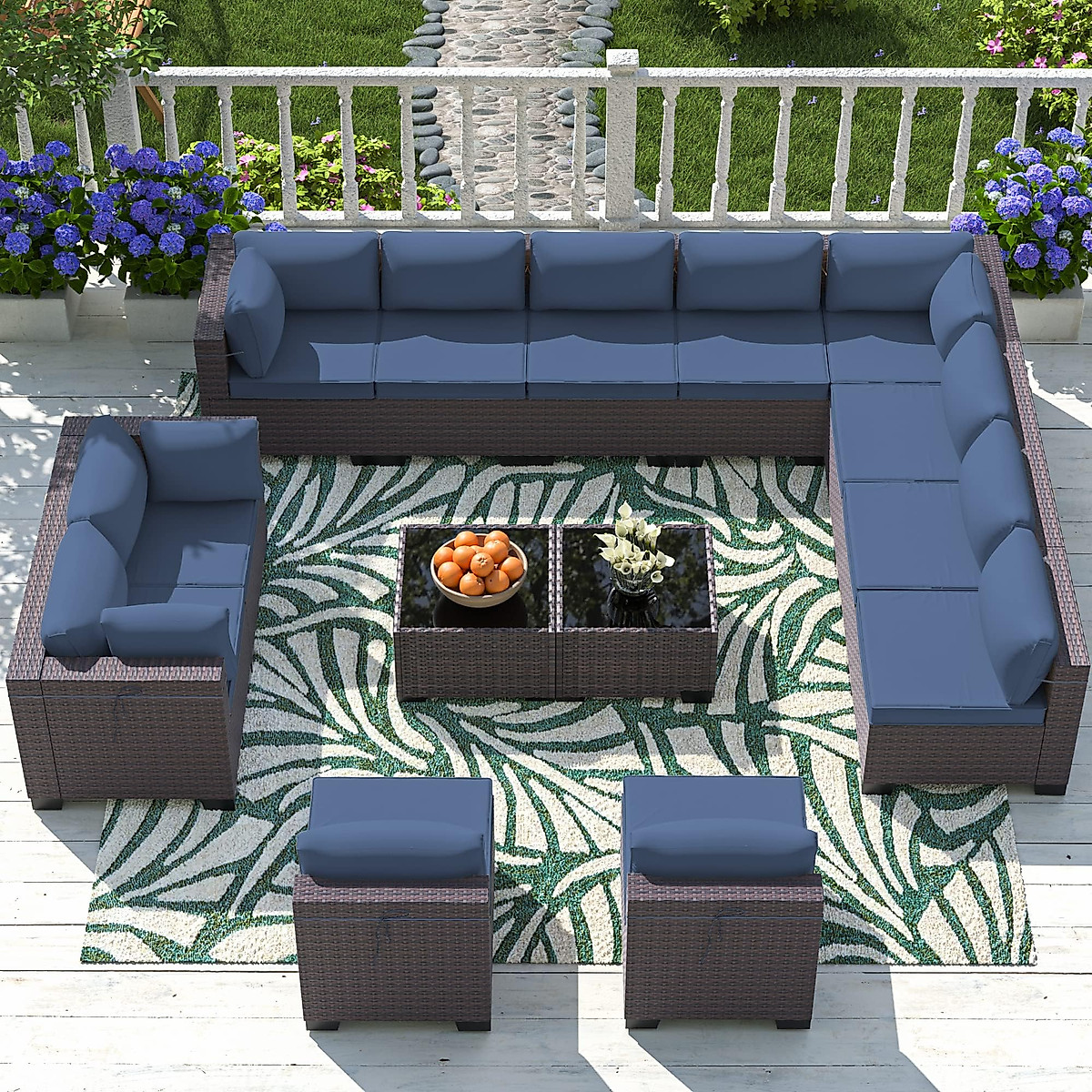 ASJMR Outdoor Patio Furniture Set, 14 Pieces Outdoor Sectional Sofa, All-Weather PE Rattan Conversation Set with Tempered Glass Top Table & Cushions(Dark Blue)