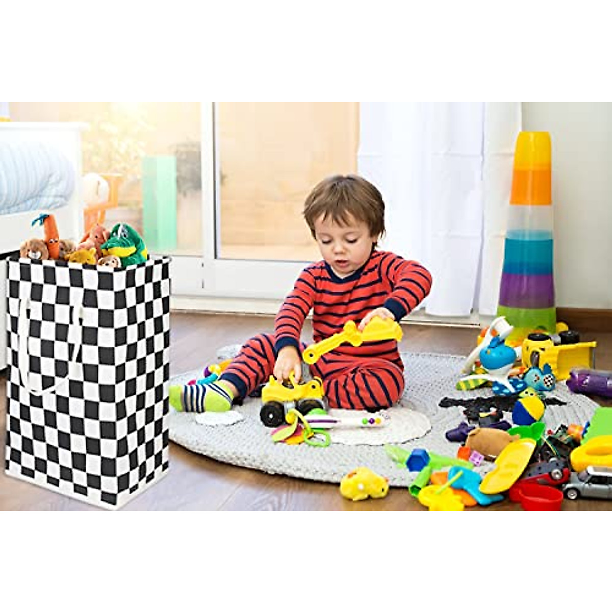 HIYAGON 75L Freestanding Laundry Basket,Large Collapsible Tall Clothes Hamper with Handles,Waterproof Toy Storage Bin for Boys and Girls,Baby Nursery(Racing flag)