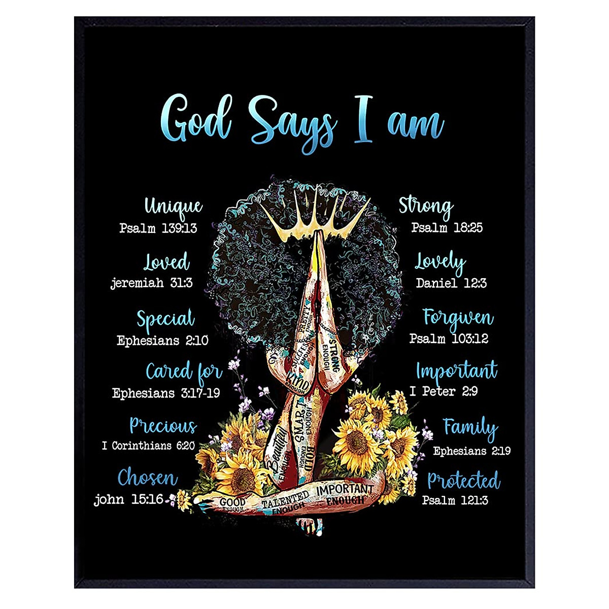 Positive Affirmations Black Wall Art - Inspirational Bible Verses Religious God Decor - Spiritual Christian Scripture Poster - African American Women, Black Woman, Girls - I Am - Encouragement Gifts