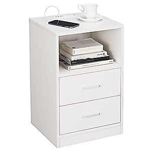 PrimeZone LED Nightstand with Charging Station - Modern End Table Bedside Table with USB Ports & Outlets, Wooden Bedroom Night Stand with 2 Drawers & Open Storage, White