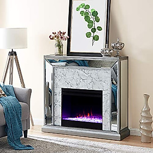 SEI Furniture Trandling Mirrored & Faux Marble Color Changing Electric Fireplace, Antique Silver-White Marble