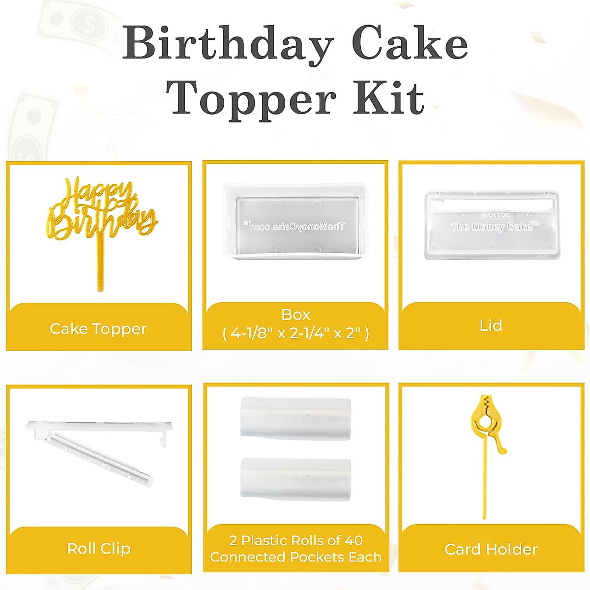 The Money Cake - Money Cake Pull Out Kit Includes 1 Money Box 2 Plastic Roll 40 Transparent Bag Connected Pocket Each, and 2 Surprise Cake Toppers for Birthday and Graduation Parties