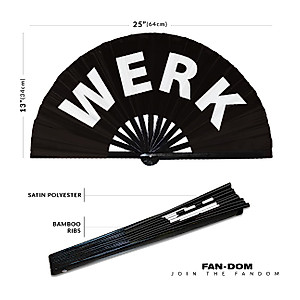 Werk Hand Fan Foldable Bamboo Circuit Rave Hand Fans Pride Slang Words Fan Outfit Party Gear Gifts Music Festival Rave Accessories (Black)