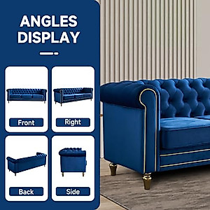 NIOIIKIT 84.65” Chesterfield Velvet Sofa, Button Tufted Upholstered Couch with Scroll Arms, 3 Seater Long Couch for Living Room, Bedroom, Office, Apartment (Chesterfield, Blue)