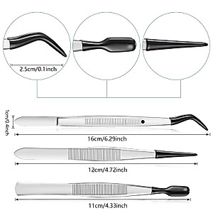 Honoson 3 Pieces Tweezers with Rubber Tips PVC Coated Set Rubber Straight Flat Tip Long Bent Tweezers for Crafts Stamps Beads Jewelry Tools(Black)