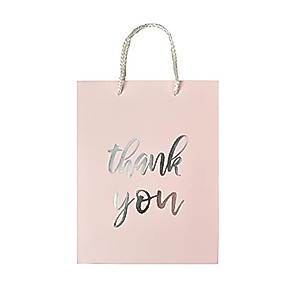 12 Pack Thank You Gift Bags - Elegant Pink Paper Gift Bags With ‘’Thank You’’ Embossed In Silver Foil Letters - Perfect For Birthday Party, Bridal Shower, Baby Shower, Paper Favor Bags 4"x 7"x 9" Inches