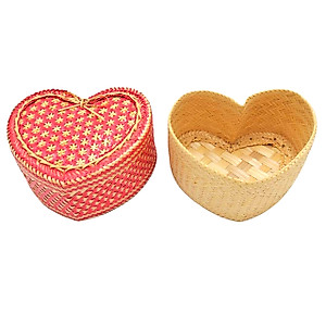 Bamboo Sticky Rice Serving Basket 6x5.2 Inch, Kratip, Intricately Woven Container, Heart-Shaped, American Flag, Thailand Handmade, Dyed with Natural Based (Red Pikul Flowers)