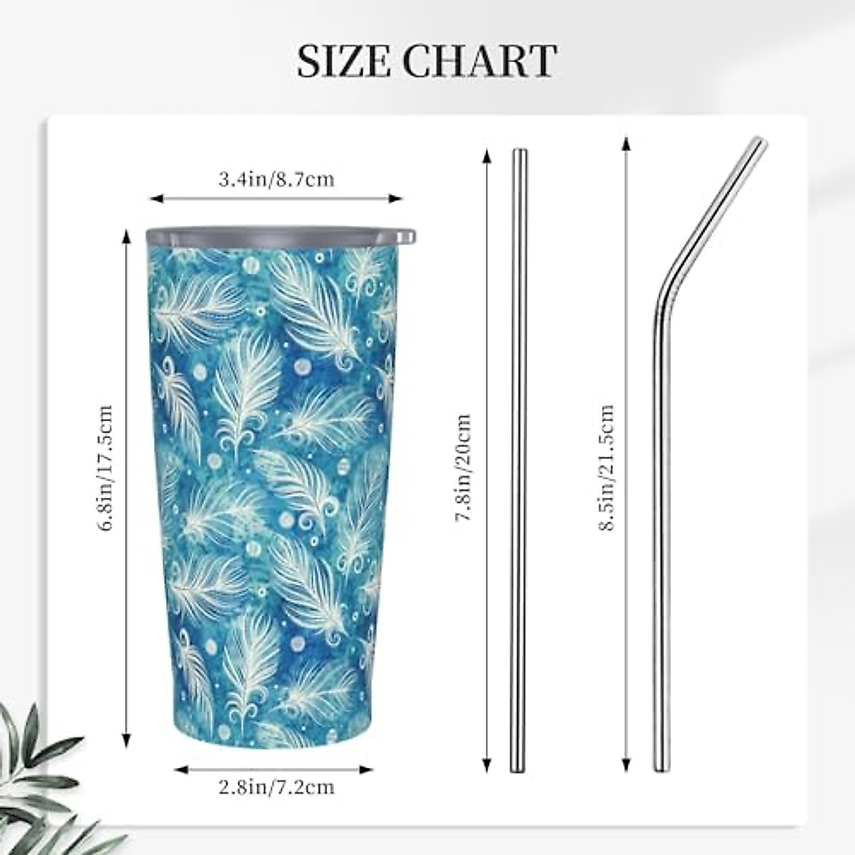 Yaxongx 20oz Tumbler Watercolor Feather Double Wall Vacuum Insulated Coffee Mug with Lid and Metal Straw Brush Reusable Stainless Steel Water Bottle Travel Cup Gifts for Car Ice Drinks Hot Beverage