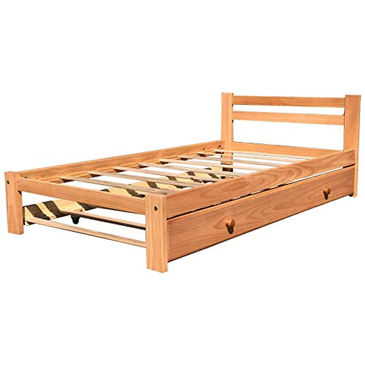 Amazonas Honey Pine Finish Twin Bed & Trundle Solid Pine Wooden Trundle Bed Hardwood Slats Support Suitable for Boys Girls Kids Bedroom Wooden Bed Frame
