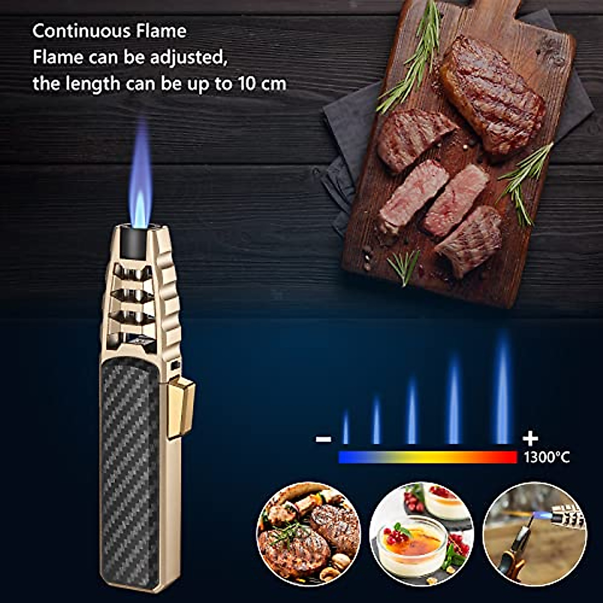 Butane Torch Lighter, Refillable Kitchen Cooking Torch Windproof Adjustable Flame Solar Beam Torch Blow Torch with Safety Lock for Baking Creme Brulee HGT-588 (Butane Gas Not Included) (Black)