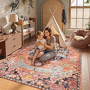 Lahome 5x7 Boho Living Room Rug Colorful Bedroom Rug, Large Bohemian Nursery Rug, Hot Pink Non-Slip Machine Washable Soft Playroom Mat Indoor Floor Accent Carpet for Dining Table Mud Room