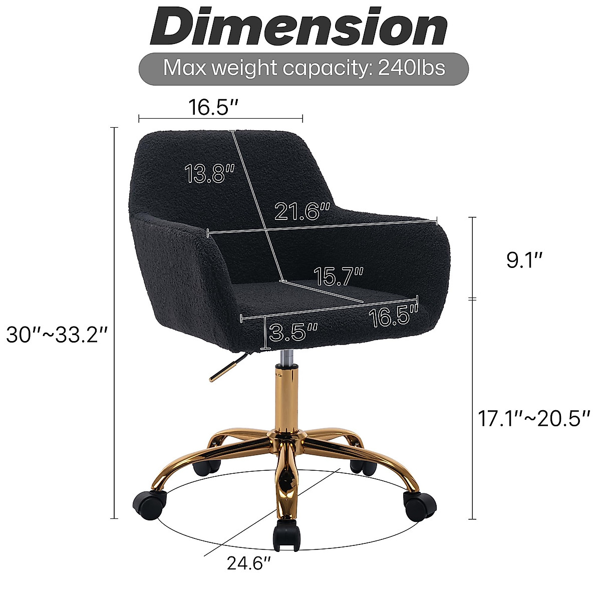 KCC Faux Fur Office Desk Chair, Comfy Swivel Armchair with Wheels, Upholstered Fuzzy Vanity Chair, Adjustable Seat Height, Black