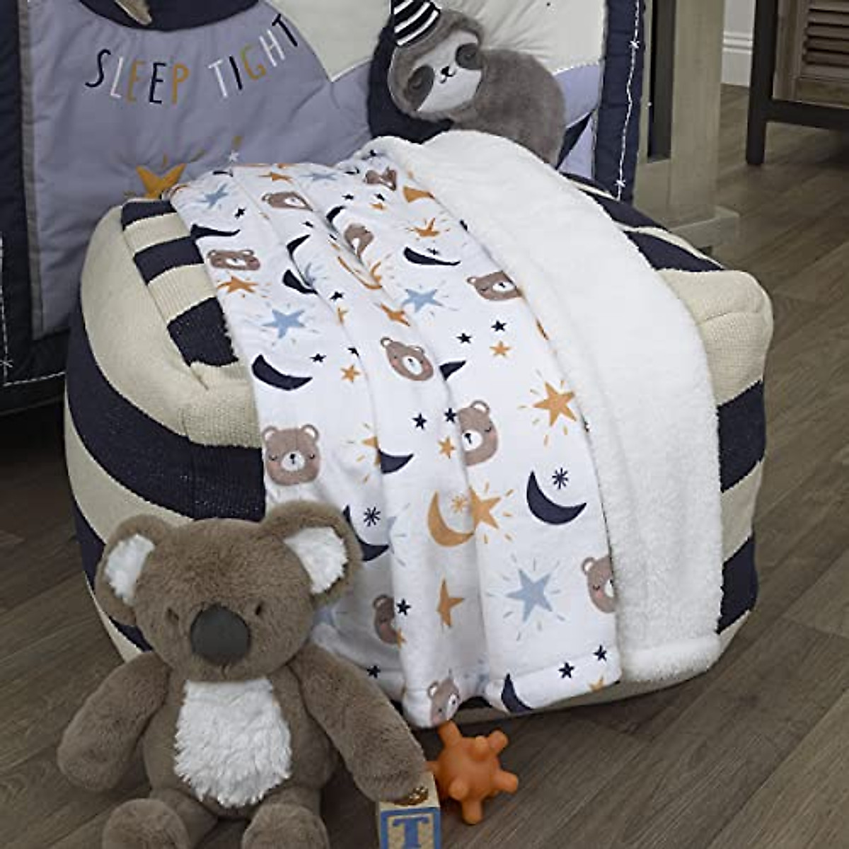 NoJo Goodnight Sleep Tight White Bear, Moon, and Star Super Soft Baby Blanket