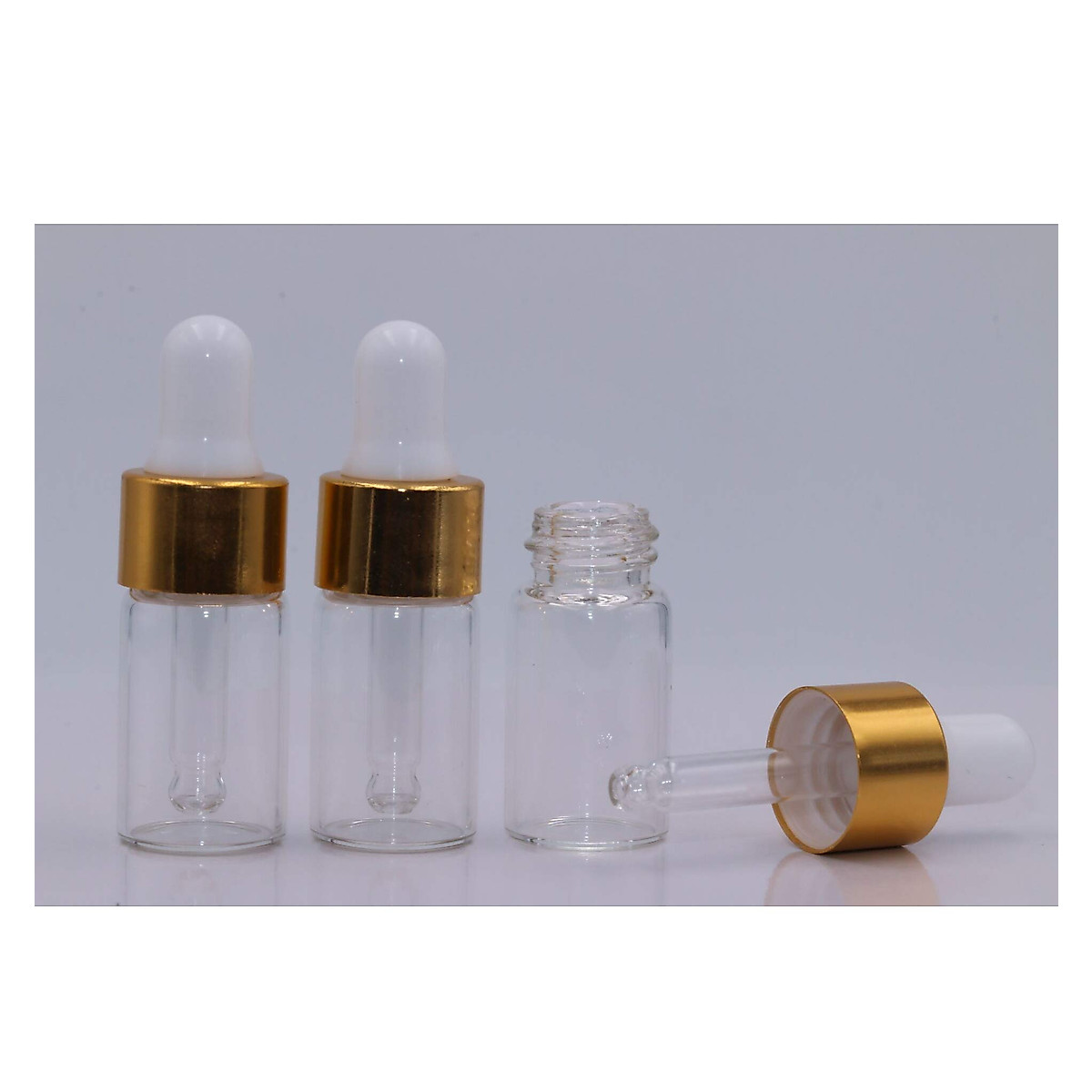 15Pcs Glass Essential Oil Dropper Bottles Clear Mini 1ml/2ml/3ml Perfume Dropping Bottle Cosmetic Sample Vials with Gold Cap and White Latex