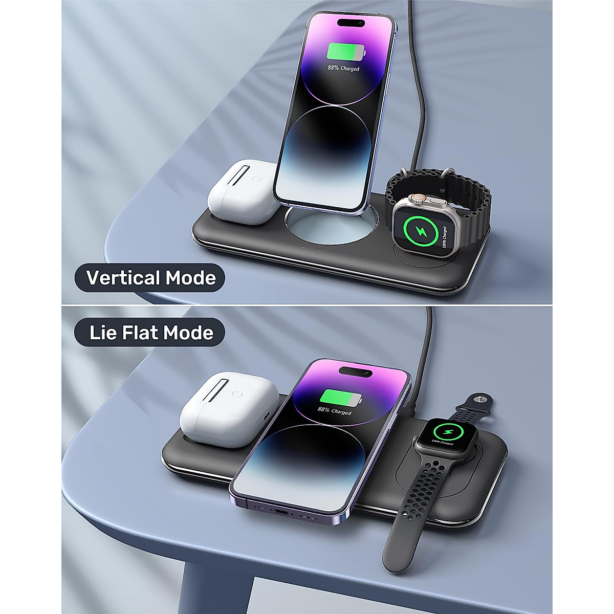 Foldable 3 in 1 Wireless Charger, Metal Design, NELUXFE Charging Station Compatible with MagSafe for iPhone 14/13/12 Pro Max, Apple Watch and AirPods (Black)