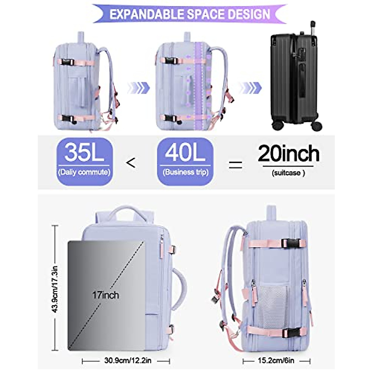 Getravel Travel Backpack for Women, Airline Approved Carry On Luggage As Personal Items, 17.3 inch Laptop Backpack, Waterproof Weekender Bag, Hiking Backpack(Purple)