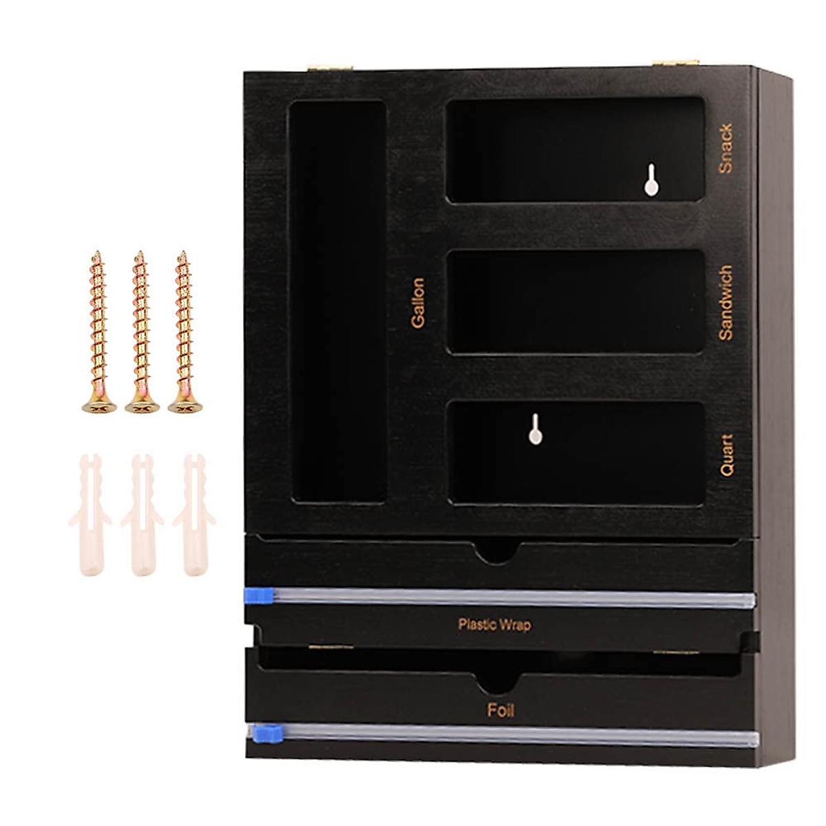 Rejuvv Bamboo 6 IN 1 Foil And Wrap Dispenser With Food Storage Bag Organizer for Kitchen Drawer, Foil And Baggie Organizer, Compatible With Wrap, Foil, Gallon, Quart, Snack Bags (Black)