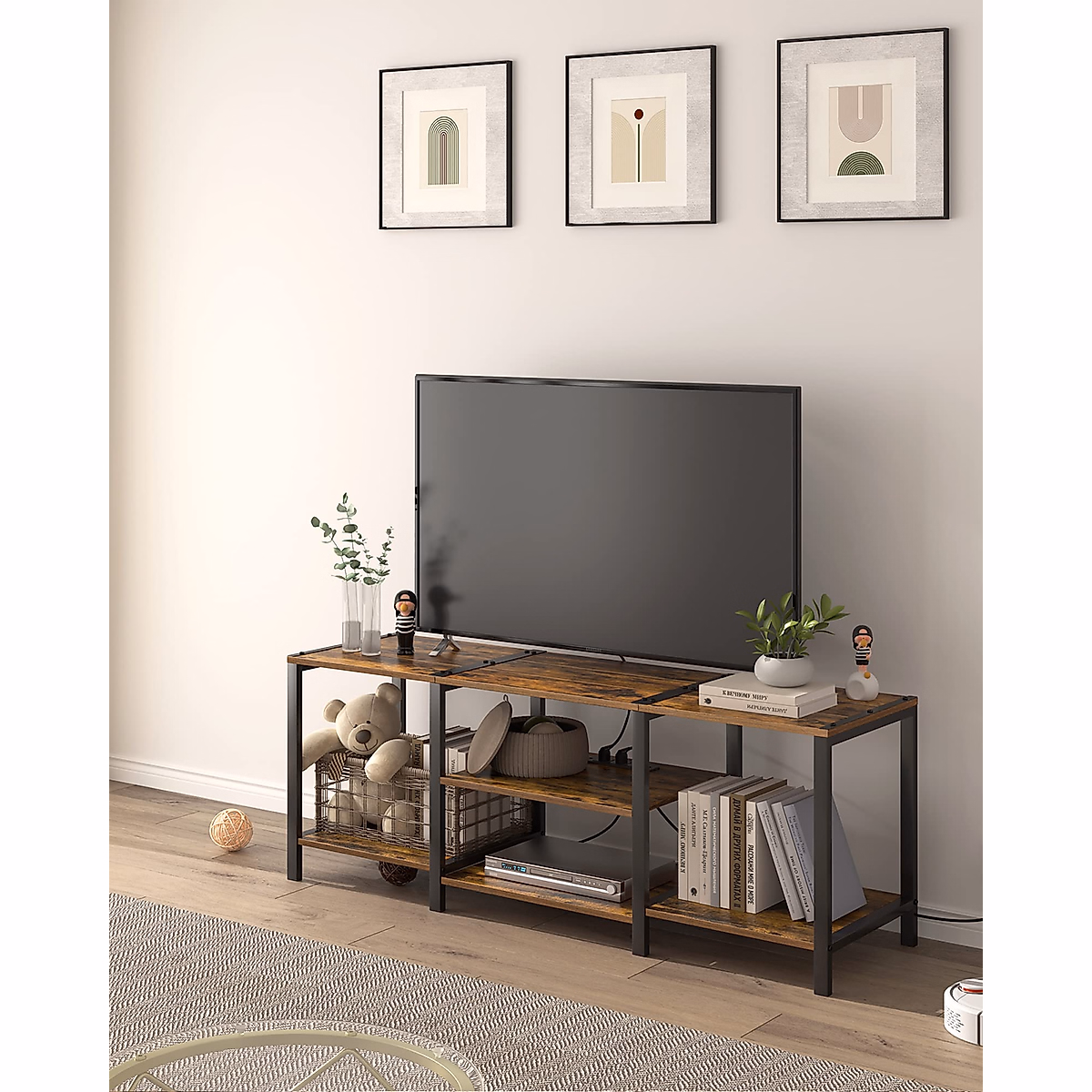 Hzuaneri TV Stand with Charging Station for TVs up to 65 Inches, 3 Tier Media TV Entertainment Center with Storage Shelf, Industrial TV Console Table for Living Room, Bedroom, Rustic Brown and Black