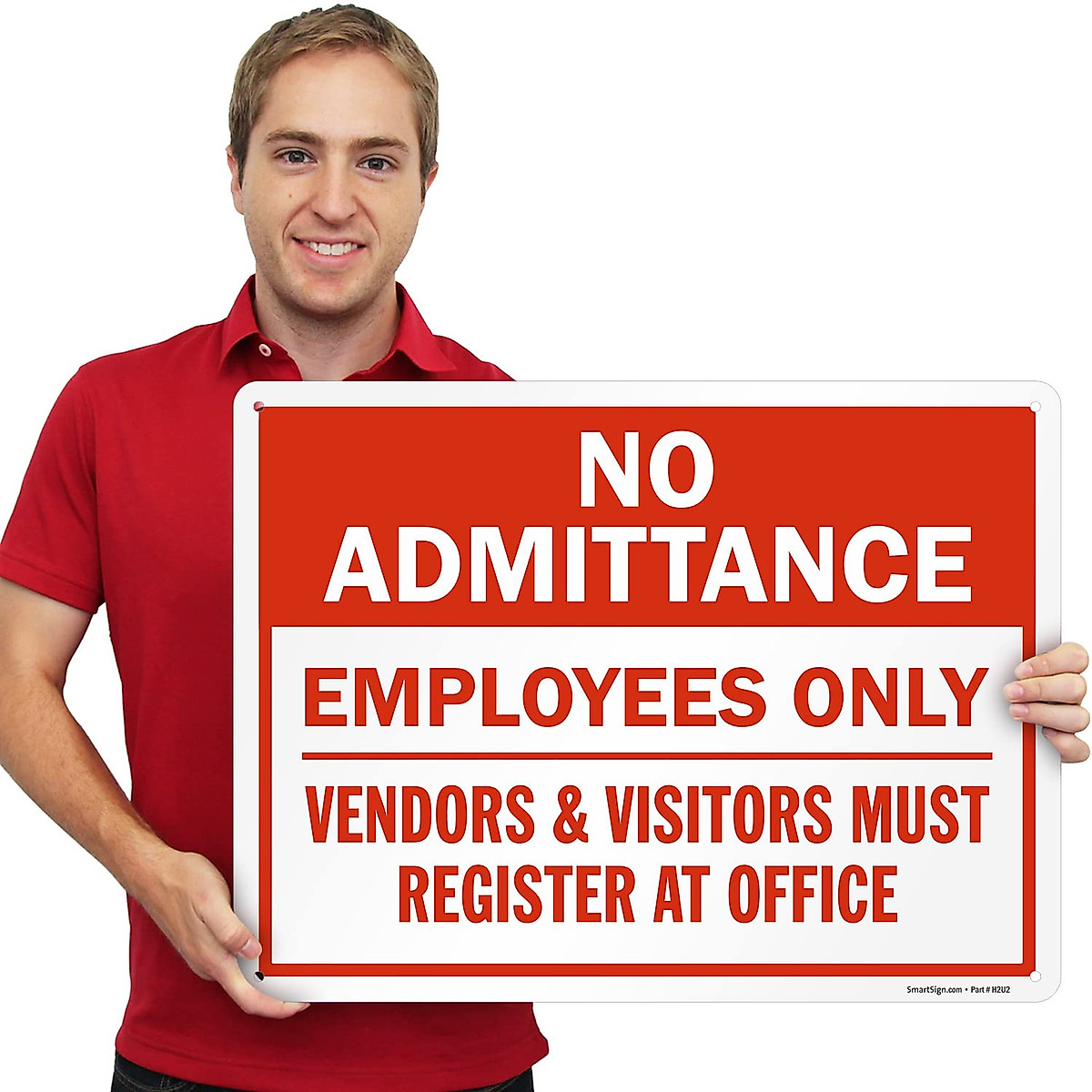 SmartSign 18 x 24 inch “No Admittance - Employees Only Vendors & Visitors Must Register At Office” Metal Sign, 80 mil Laminated Rustproof Aluminum, Red and White, Made in USA