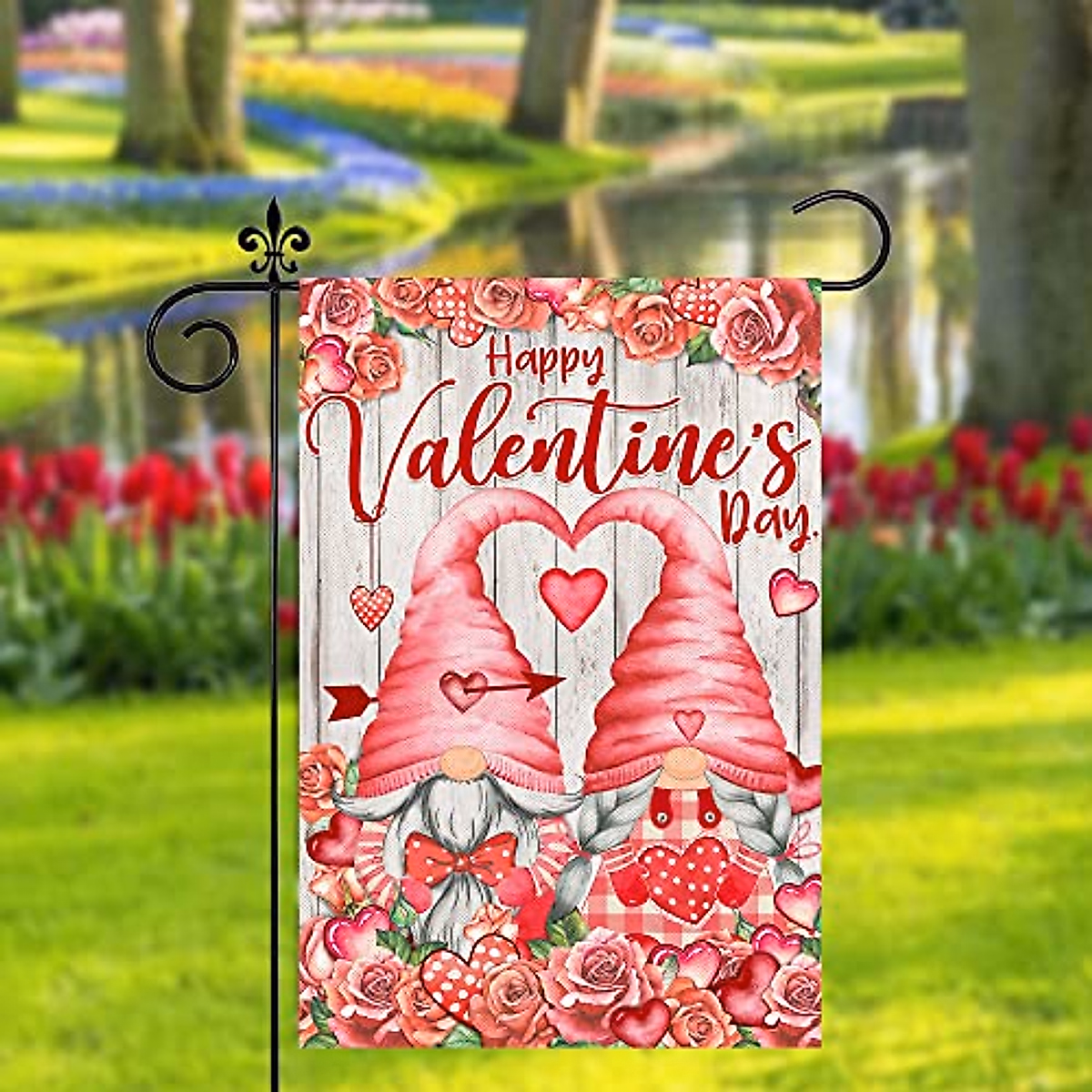 Valentines Day Garden Flag, Valentine Garden Flag 12x18 Double Sided, Happy Valentine's Day Gnomes with Love Heart Roses Burlap Vertical Yard Flag for Home Lawn Outdoor Decorations