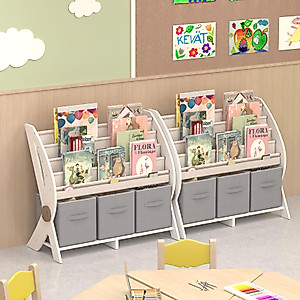 HedoAjim Kids Bookshelf Small 4 Sling Wood Book Rack Kids Room Bookcase Display Stand with 3 Toy Storage Organizer Cube Bins Children Toddler Baby Gift Boys Girls Bedroom Playroom Nursery