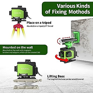 KINAVEL Laser Level 4x360 Self Leveling 16 Lines Green Beam 4D Cross Professional Line Laser Tool Pulse Mode for Construction Tiling Picture Hanging with 2 Batteries, Remote Controller, Lifting Base