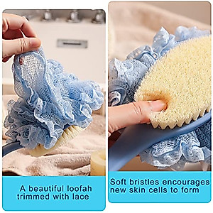 [2nd Generation] Shower Body Brush with Bristles and Loofah,Back Scrubber Bath Mesh Sponge with Curved 16" Long Non-Slip Handle Skin Exfoliating Massage Suitable for Men and Women (Blue)