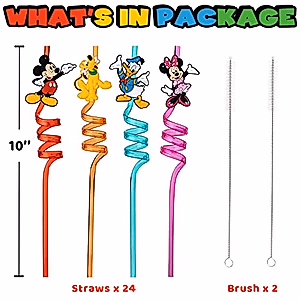 NITELUO 24Pcs Mickey Birthday Party Supplies Reusable Drinking Straws,8 Designs Mickey Themed Party Favors with 2 Cleaning Brushes