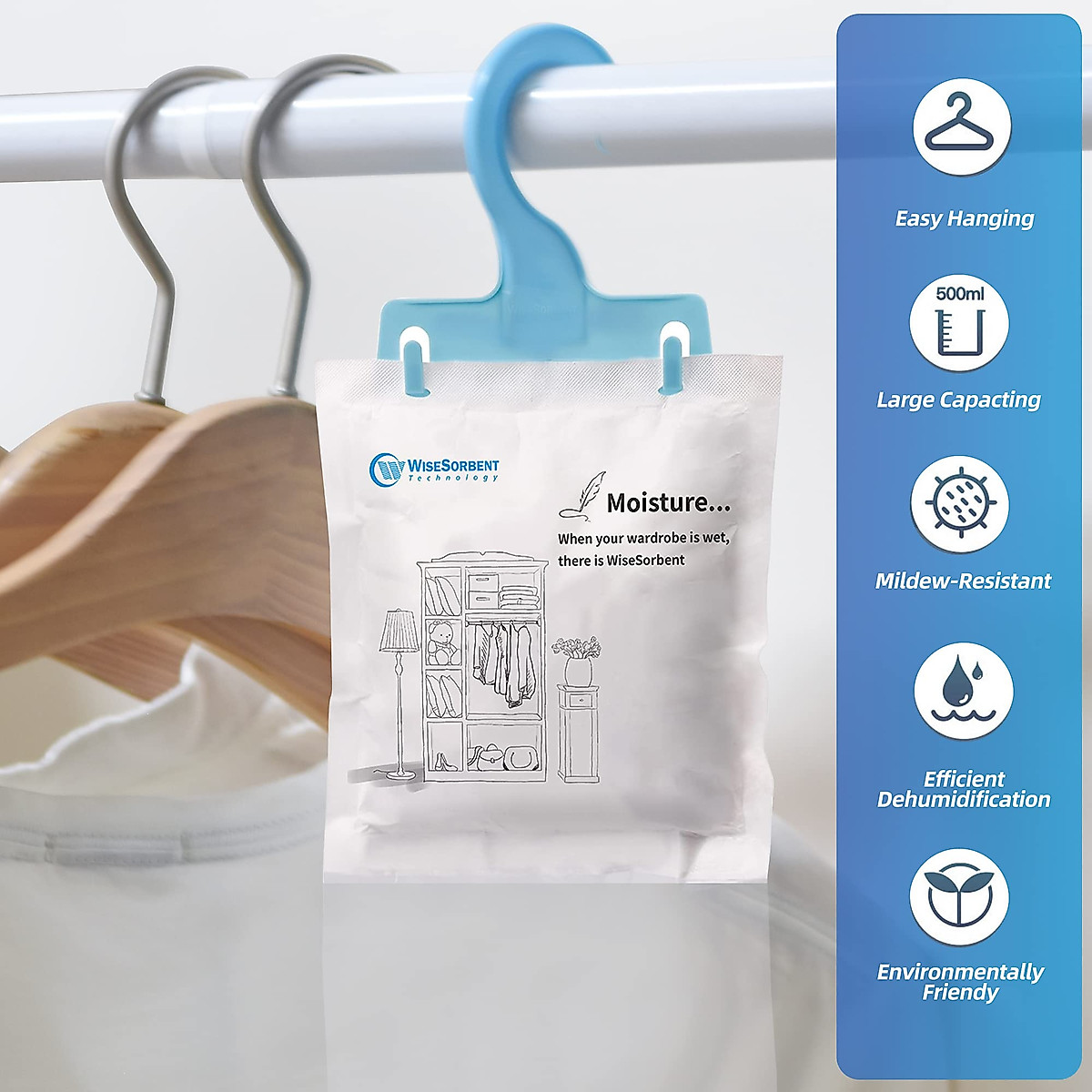 Wisesorb Moisture Absorber Packets with Plastic Case & Hook, Odor Eliminator, Leak Proof, Fragrance Free, Humidity Packs, Hanging Closet Dehumidifier Bags, Moisture Absorber (4 Packs)