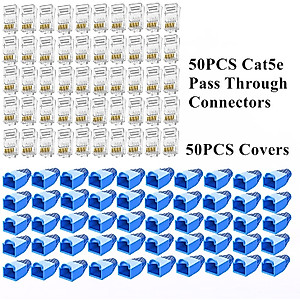 Gaobige rj45 Crimping Tool for Cat6 Cat5e Cat5, Sturdy Crimper for rj45 rj12/11 Pass-Through Connectors with 50pcs rj45 Cat5e Pass-Through Connectors, 50pcs Covers, Wire Stripper; Network Cable Tester