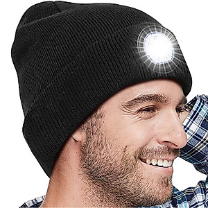 Rechargeable LED Beanie Hat with Flashlight - Unisex Winter Knitted Headlamp Cap for Men and Women