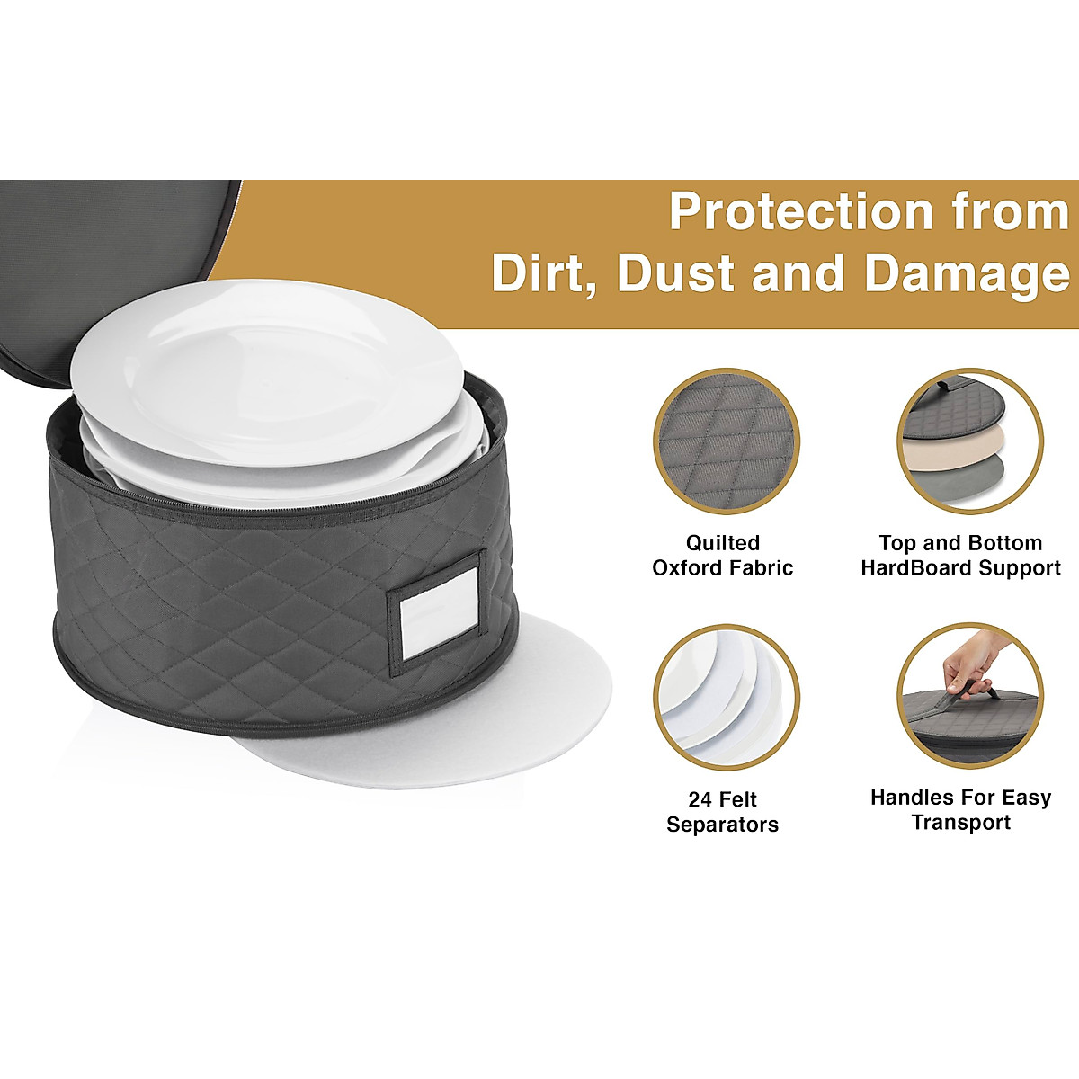 STOZU 2 Pack China Storage Containers for Dinner Plates - 12" W x 7" H - Includes 24 Felt Dividers - Stackable Case with Padded Interior and Handle