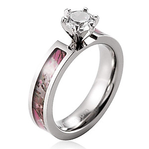 SHARDON Women's 5mm Titanium Pink Tree Camouflage Engagement Ring with Prong Setting Brilliant White CZ Stone Size 9