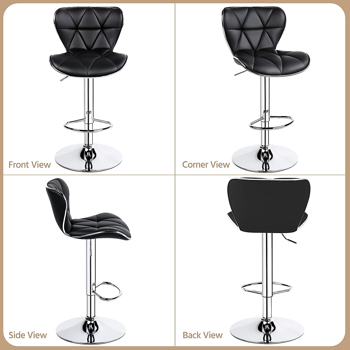 Yaheetech Bar Stools Set of 2, Adjustable PU Leather Swivel Barstools with Shell Back, Bar Chairs with Footrest for Home Kitchen, Black