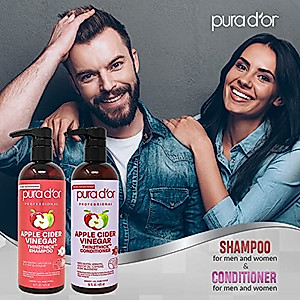 PURA D'OR Apple Cider Vinegar Thin2Thick Set (16oz x 2) ACV Shampoo & Conditioner, Clarifying, Detox - Biotin, Keratin, Caffeine, Castor Oil, Aloe - All Hair Types, Men & Women (Packaging may vary)