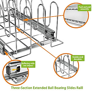 RITSU Slide Out Pan and Pot Lid Organizer for Cabinet, Kitchen Pull Out Pot Lid Rack Pantry Cutting Board Bakeware Cookware Holder - 11in. W x 21in. D - Chrome