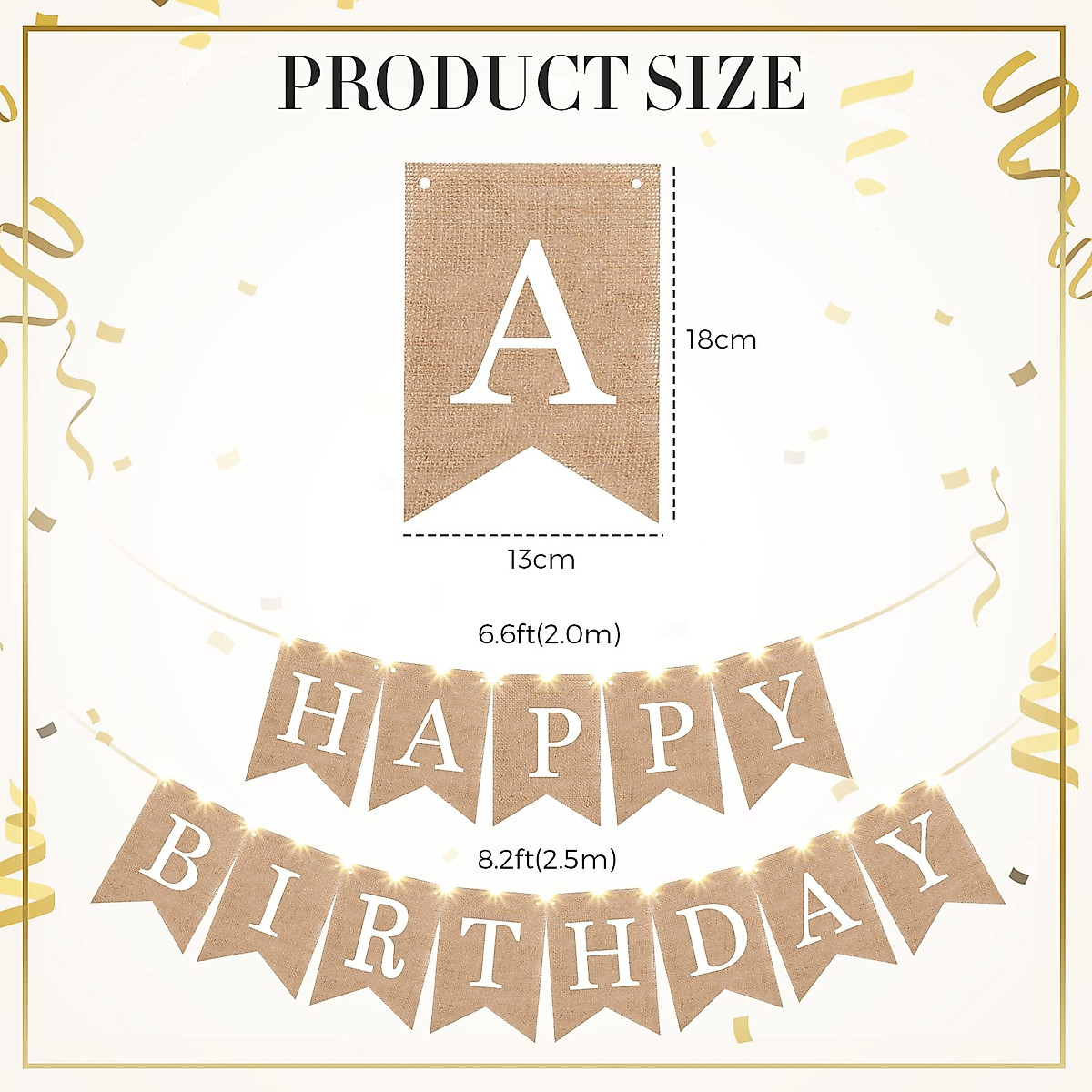 Breling 2 Pieces Burlap Happy Birthday Banner Flags and 2 Pieces Mini LED Fairy Lights Battery Rustic Birthday Banner Garland Bunting for Kid Adult Birthday Party Decoration Fireplace Supplies