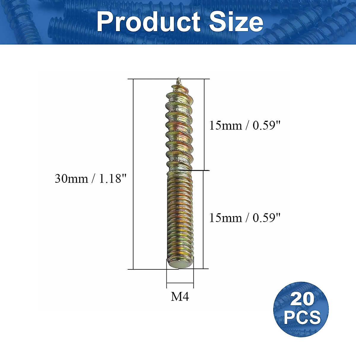 MroMax 20Pack M4 x 30mm Hanger Bolts, Length 1.18"(30mm) Double Headed Bolts，4mm (0.16") Wood Dowel Screw Self-Tapping Screw Hanger Bolts for Wood Joint Furniture Legs