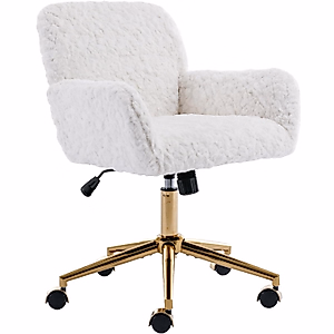 White Faux Fur Home Office Chair,Upholstered Elegant Desk Chair Makeup Vanity Chair for Girls,Swivel Desk Chair with Gold Base,Height Adjustable Tiltable Computer Chair,Cute Desk Chair for Kids