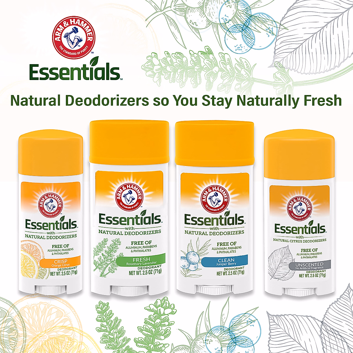 Arm & Hammer Essentials Solid Deodorant, Unscented,2.5 oz, 6 Count