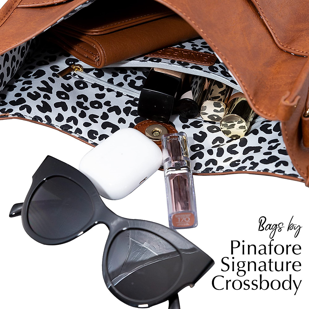 Pinafore Signature Vegan Leather Crossbody Fashion Shoulder Bag with Adjustable Strap (Signature Tan)